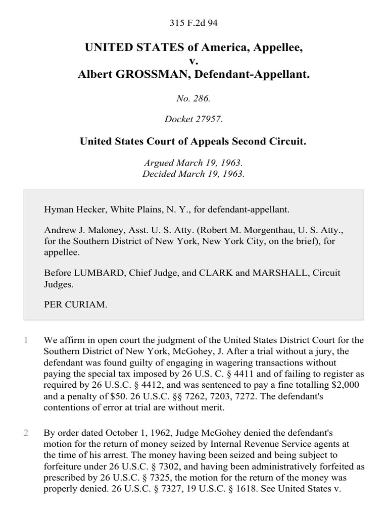 United States v. Albert Grossman, 315 F.2d 94, 2d Cir. (1963) | PDF ...