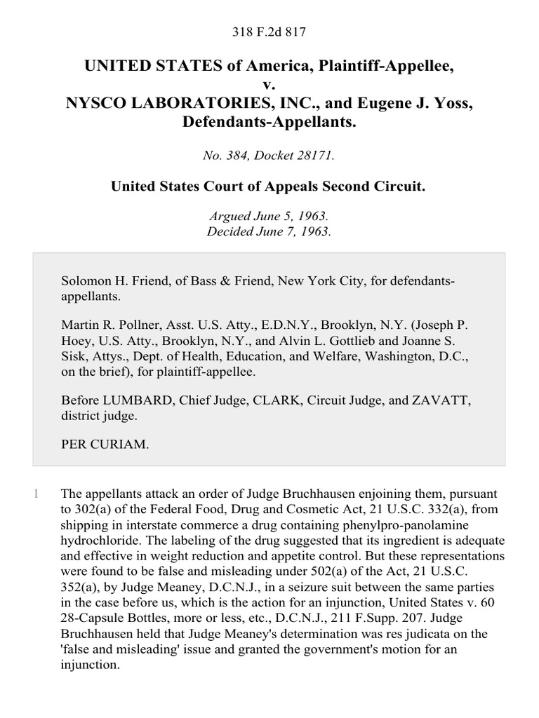 United States v. Nysco Laboratories, Inc., and Eugene J. Yoss, 318 F.2d ...