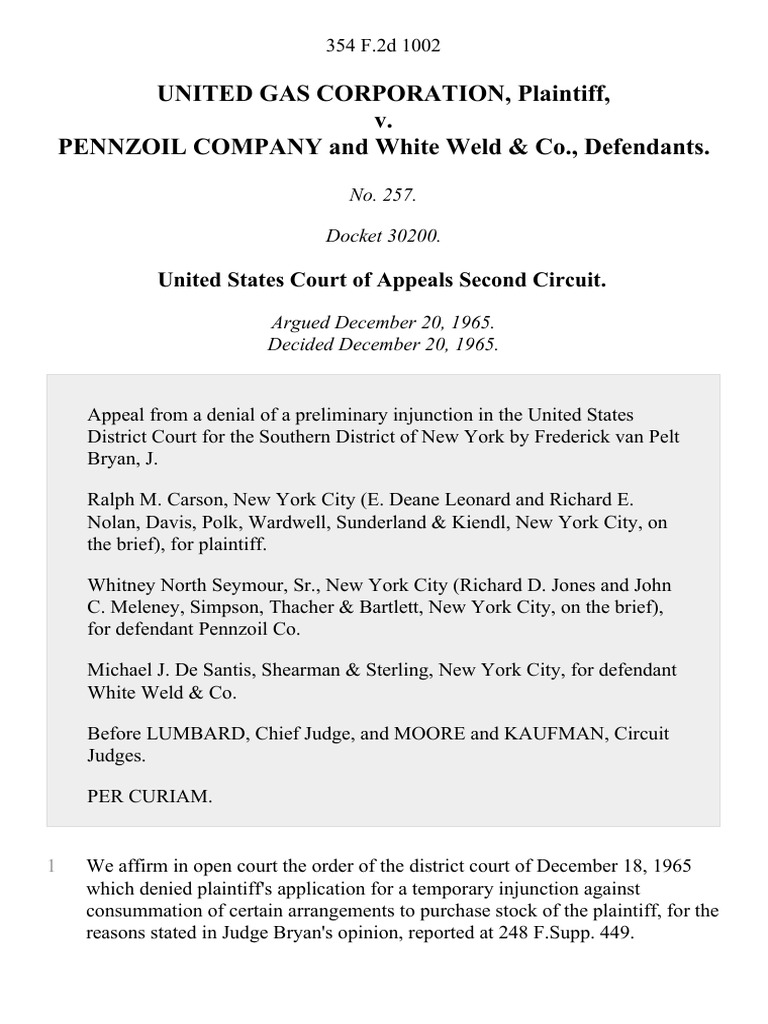 United Gas Corporation v. Pennzoil Company and White Weld & Co., 354 F.2d 1002, 2d Cir. (1965) | PDF