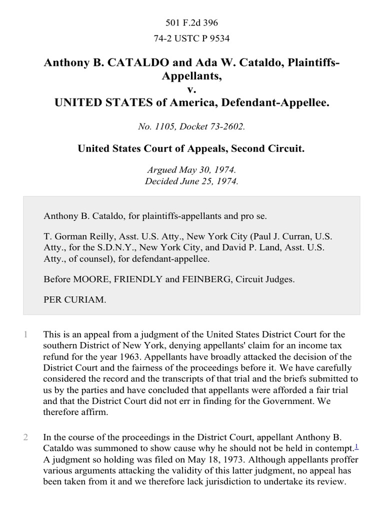 Anthony B. Cataldo and Ada W. Cataldo v. United States, 501 F.2d 396 ...