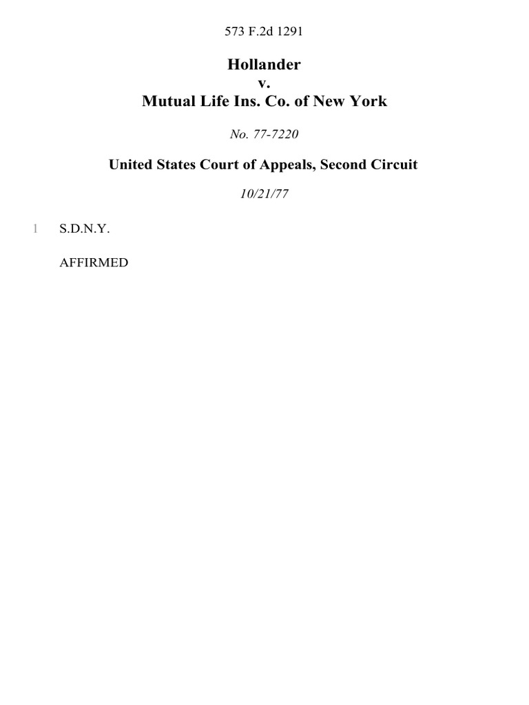 Hollander v. Mutual Life Ins. Co. of New York, 573 F.2d 1291, 2d Cir ...