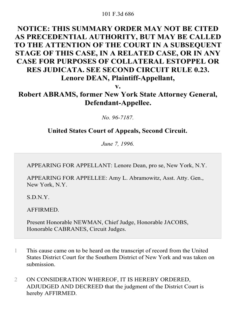 Lenore Dean v. Robert Abrams, Former New York State Attorney General ...