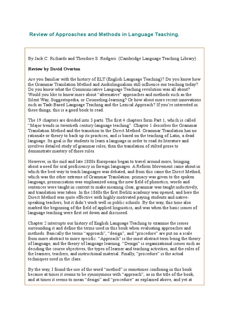 Summary Of Methods And Approaches In Language Teaching Language