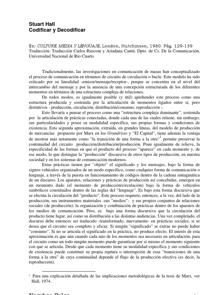Stuart Hall - Codificar y Decodificar | PDF | Connotación | Ideologías
