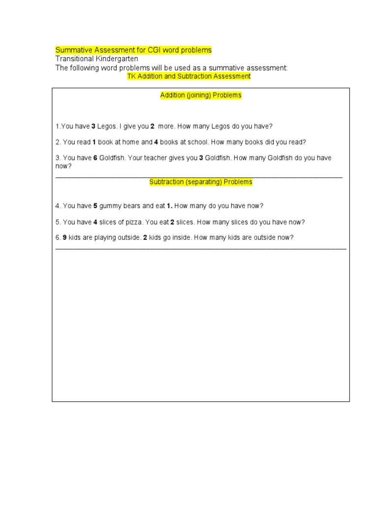 Summative Assessment For Cgi Word Problems | PDF