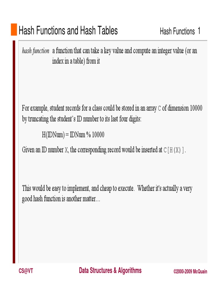 Hash Functions And Hash Tables Hash Function A Function That Can Take A Key Value And Compute 1187