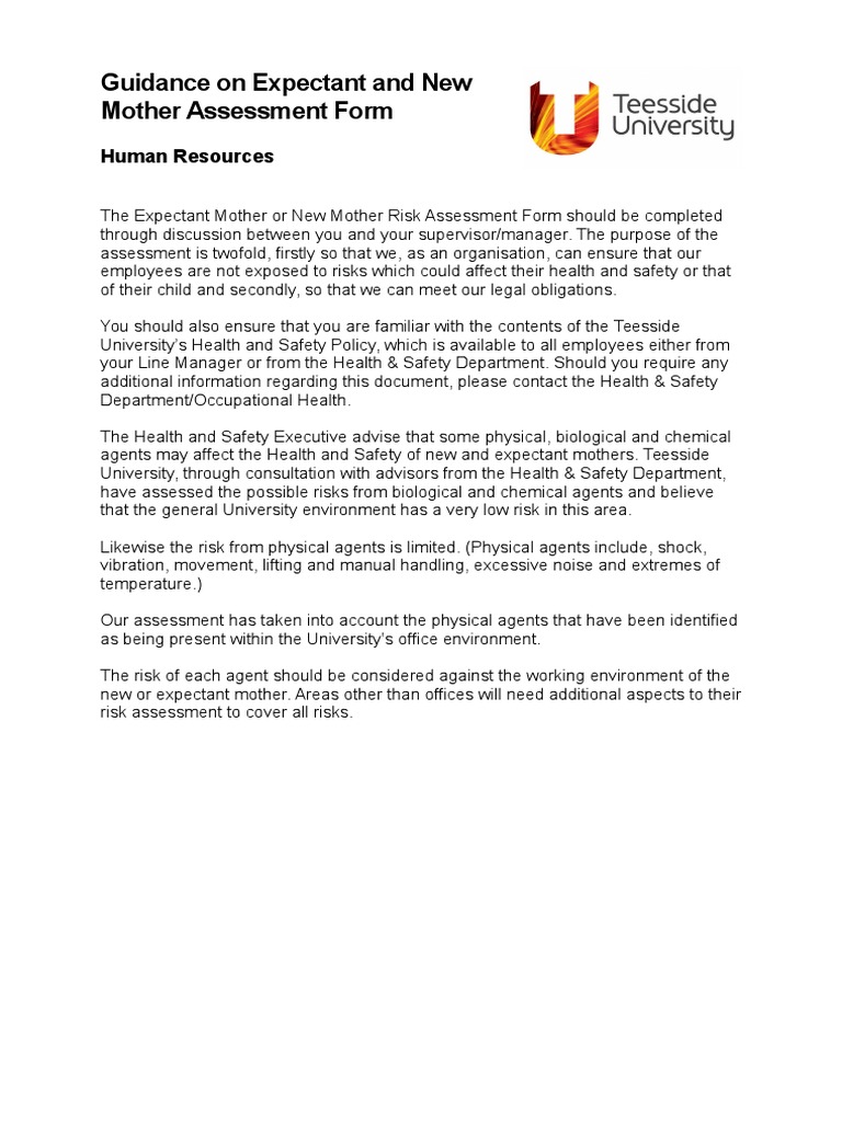 Expectant and New Mothers Risk Assessment Form | PDF | Occupational ...
