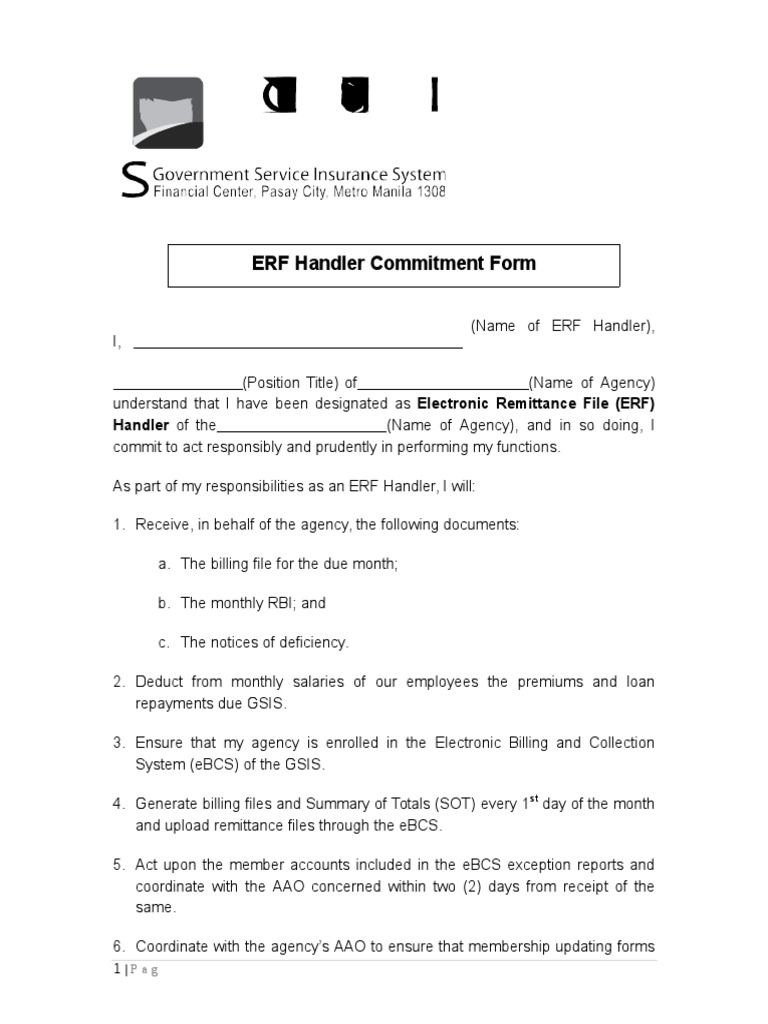 GSIS Commitment Form For ERF Handler | PDF