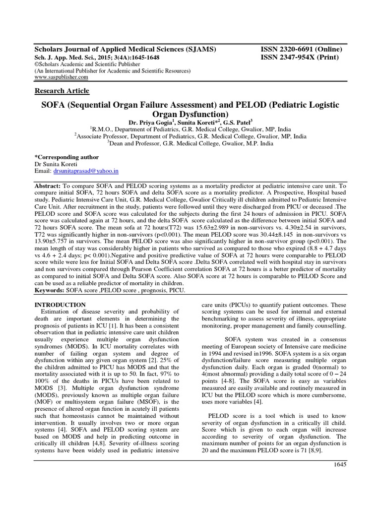 SOFA (Sequential Organ Failure Assessment) and PELOD (Pediatric ...
