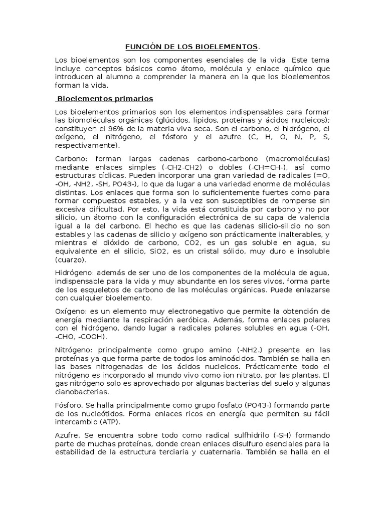 Función de los Bioelementos en la Vida | PDF | Biomoléculas ...