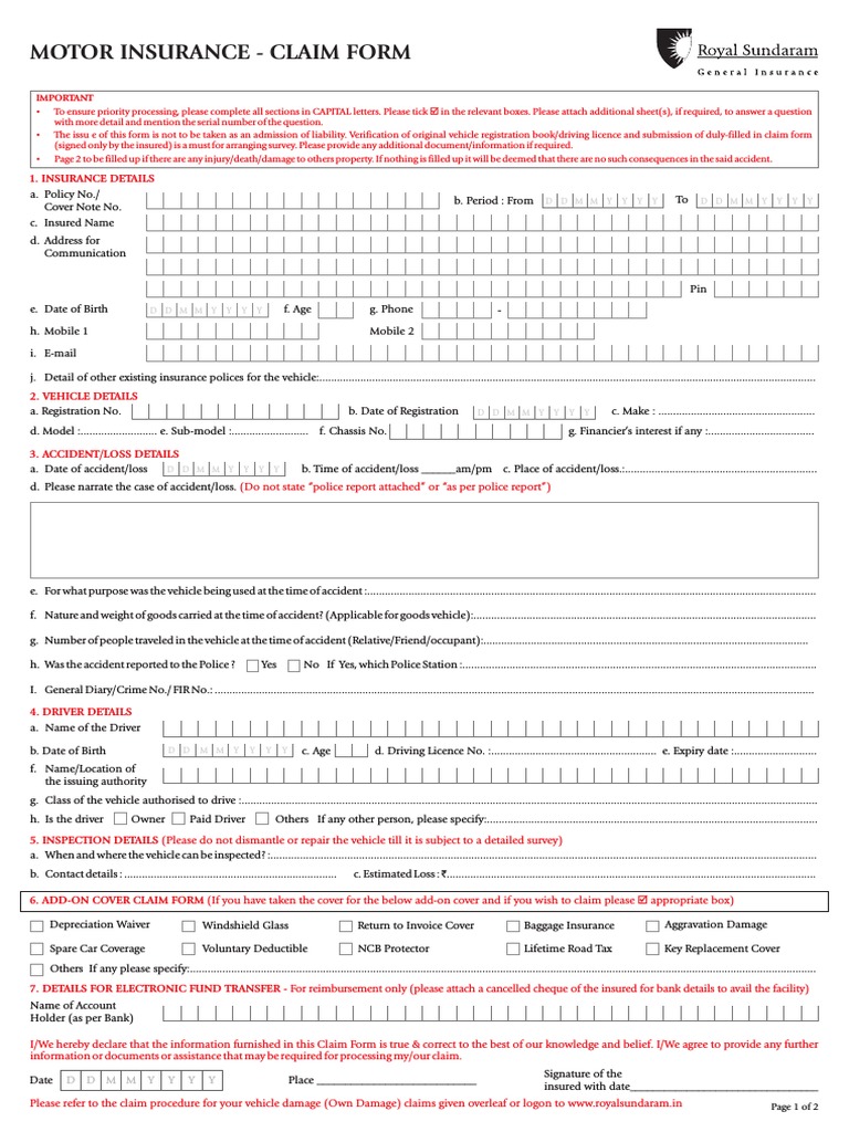 Motor Insurance Claim Form | Download Free PDF | Vehicle Insurance ...