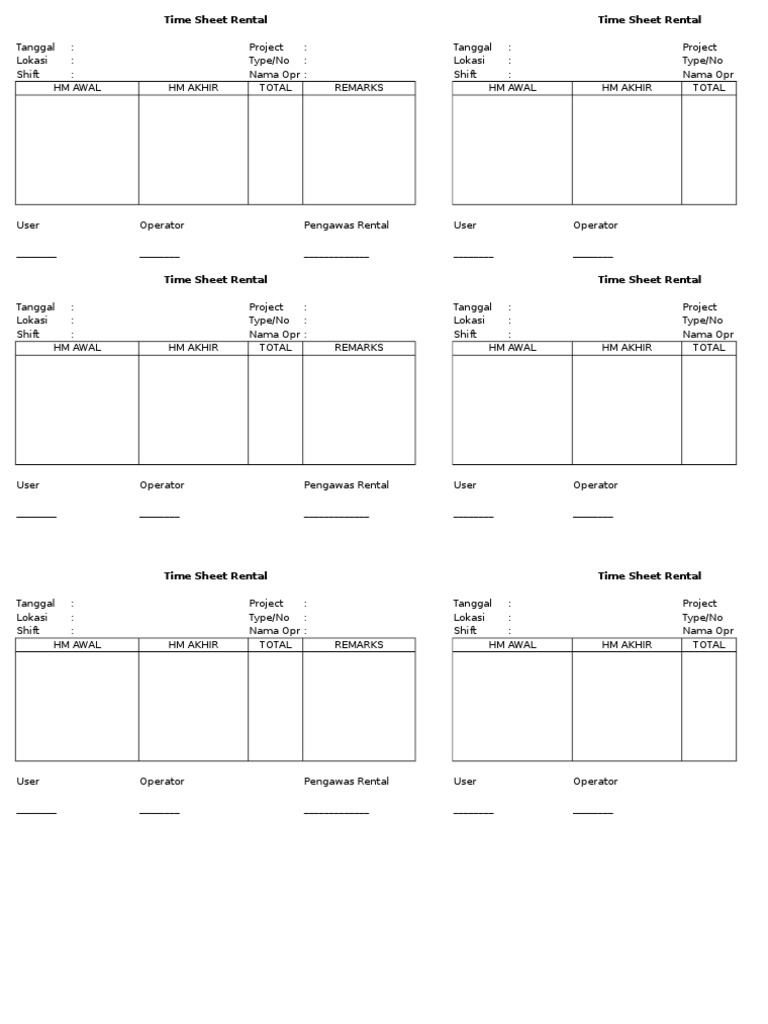 Formulir Time Sheet Rental Alat Berat | PDF