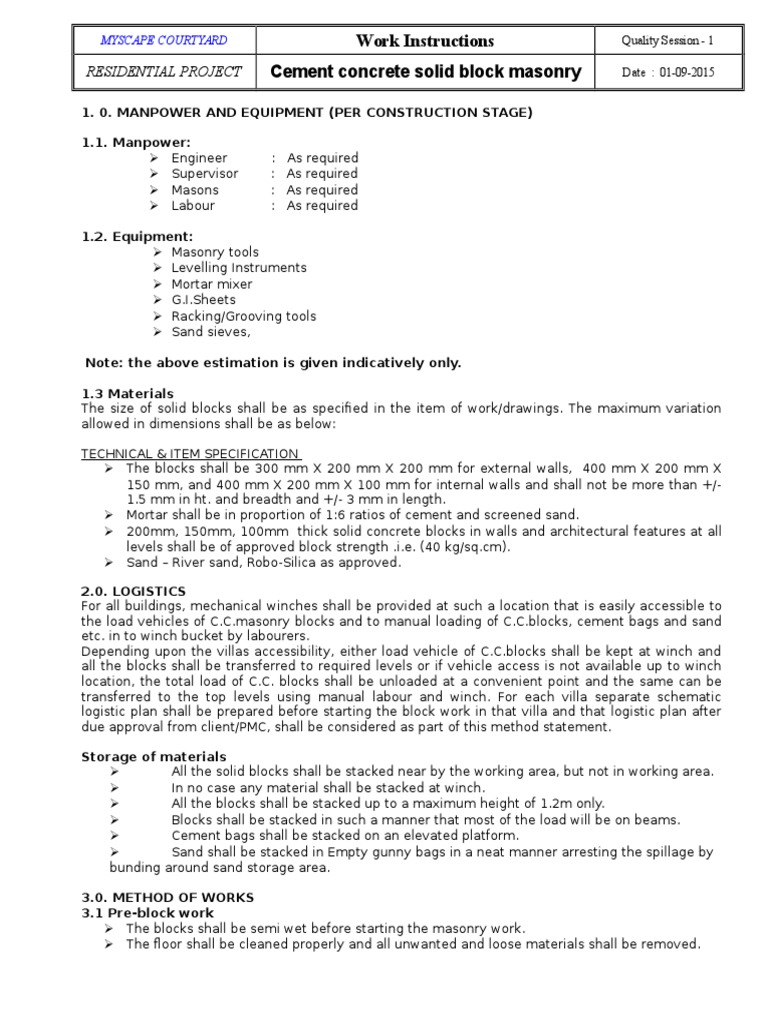 Block Work Method Statement Guide | PDF | Masonry | Mortar (Masonry)