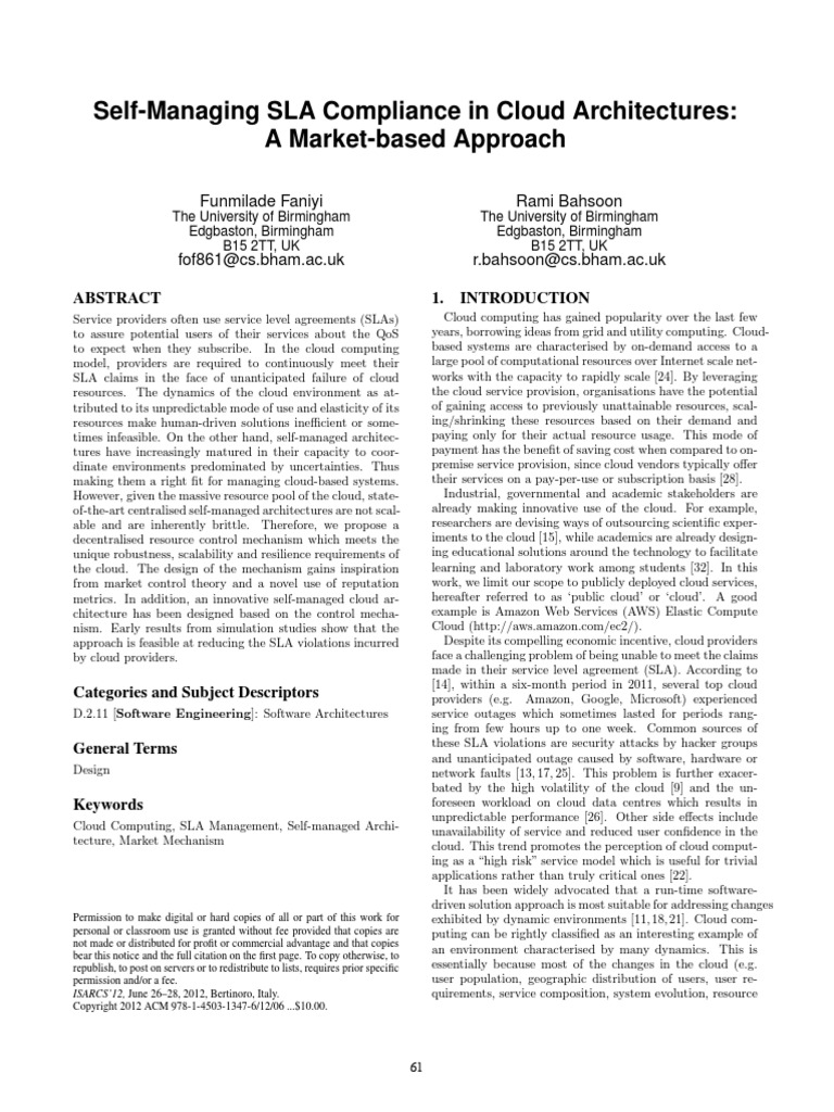 Self-Managing SLA Compliance in Cloud Architectures: A Market-Based Approach | PDF | Service ...