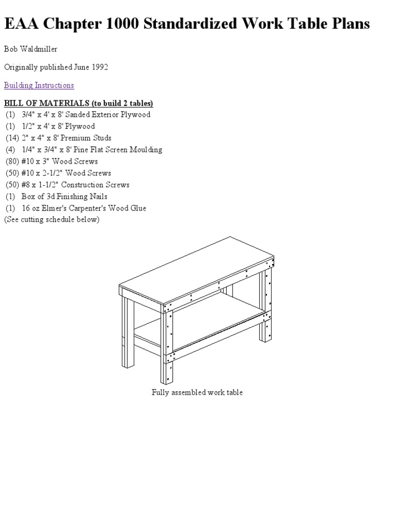EAA Chapter 1000 Standardized Work Table Plans: Building Instructions | PDF