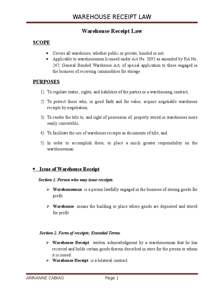 Overview of Warehouse Receipt Law | PDF | Warehouse | Civil Law (Legal ...