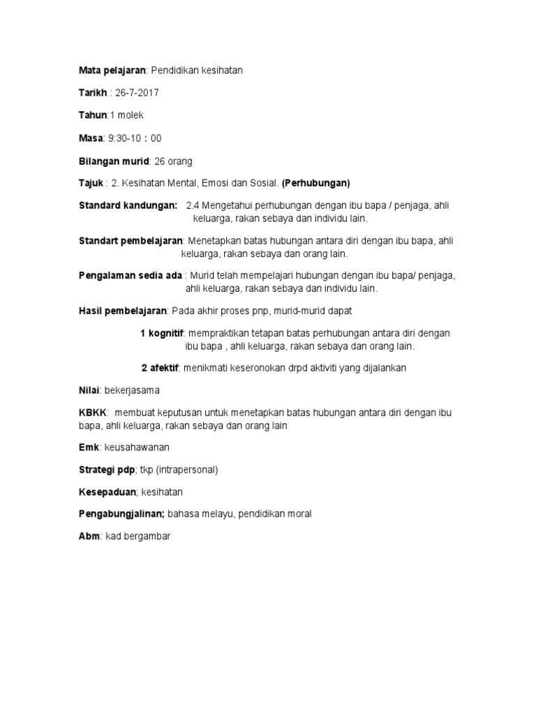 RPH PK Tahun 1 | PDF