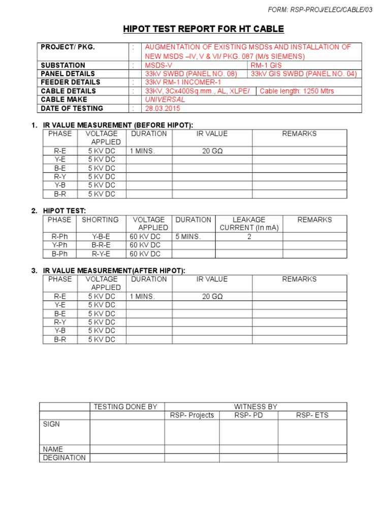 RSP-PROJ - ELEC - CABLE - 03 - Hipot Test Report of Cable | PDF