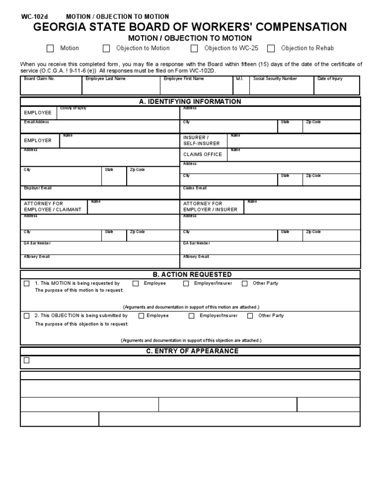 Georgia State Board of Workers' Compensation: Motion / Objection To ...