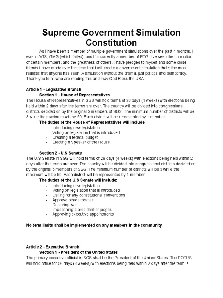 Supreme Government Simulation Constitution | PDF | Vice President Of ...