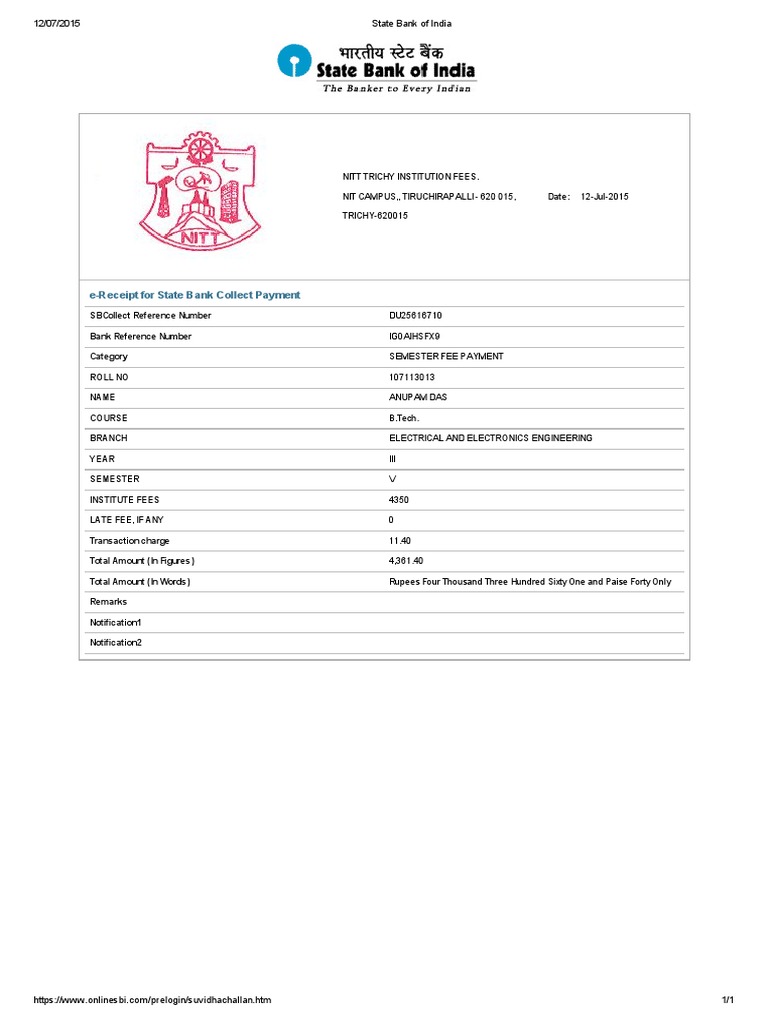 E Receipt For State Bank Collect Payment | PDF