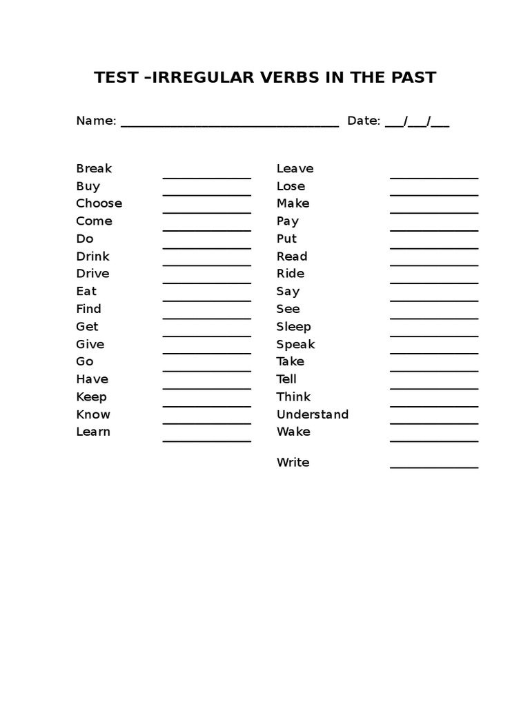 Practicing Irregular Verbs: A Fill-in-the-Blank Test of Common ...