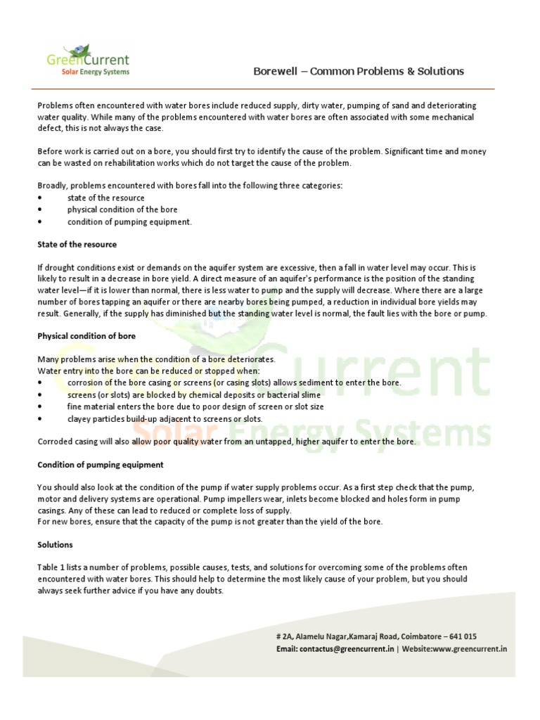 Borewell - Common Problems & Solutions Guide | PDF