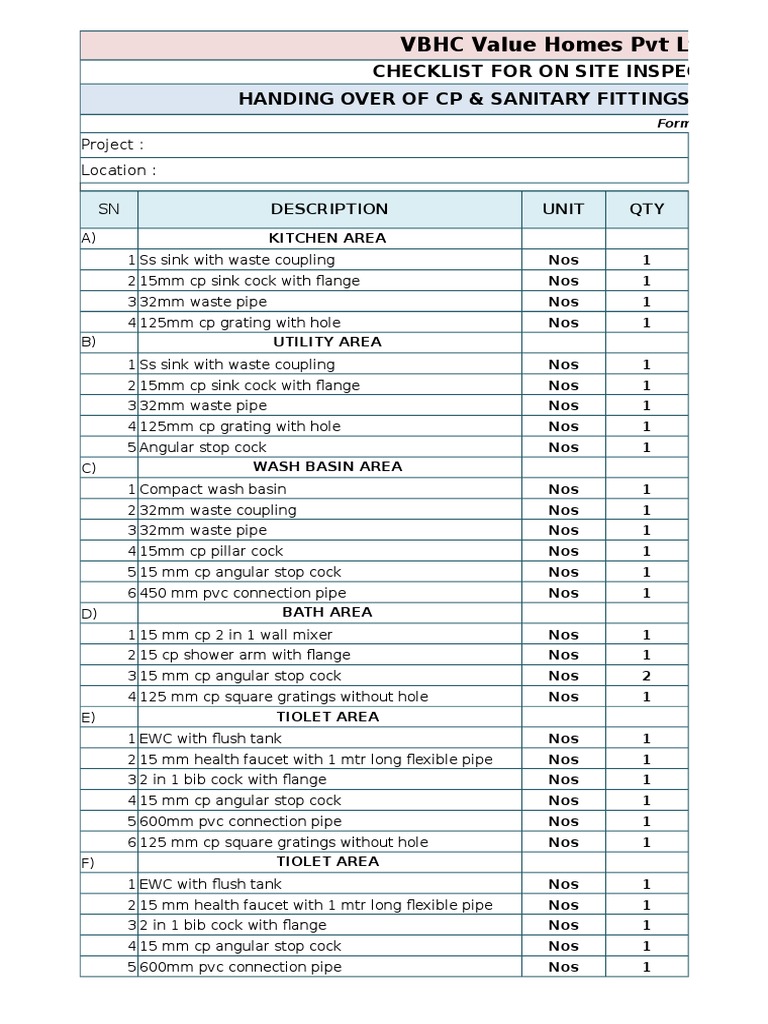 VBHC Value Homes PVT LTD.: Checklist For On Site Inspection Handing ...