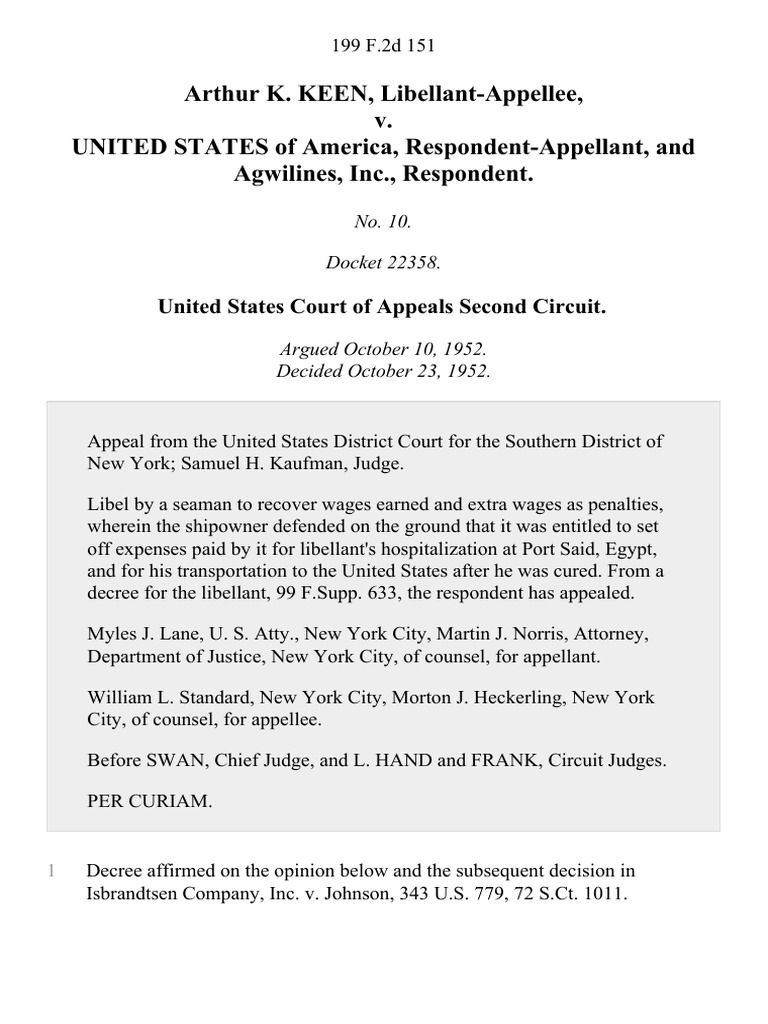 Arthur K. Keen, Libellant-Appellee v. United States of America, and ...