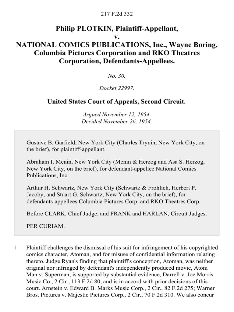 Philip Plotkin v. National Comics Publications, Inc., Wayne Boring, Columbia Pictures ...