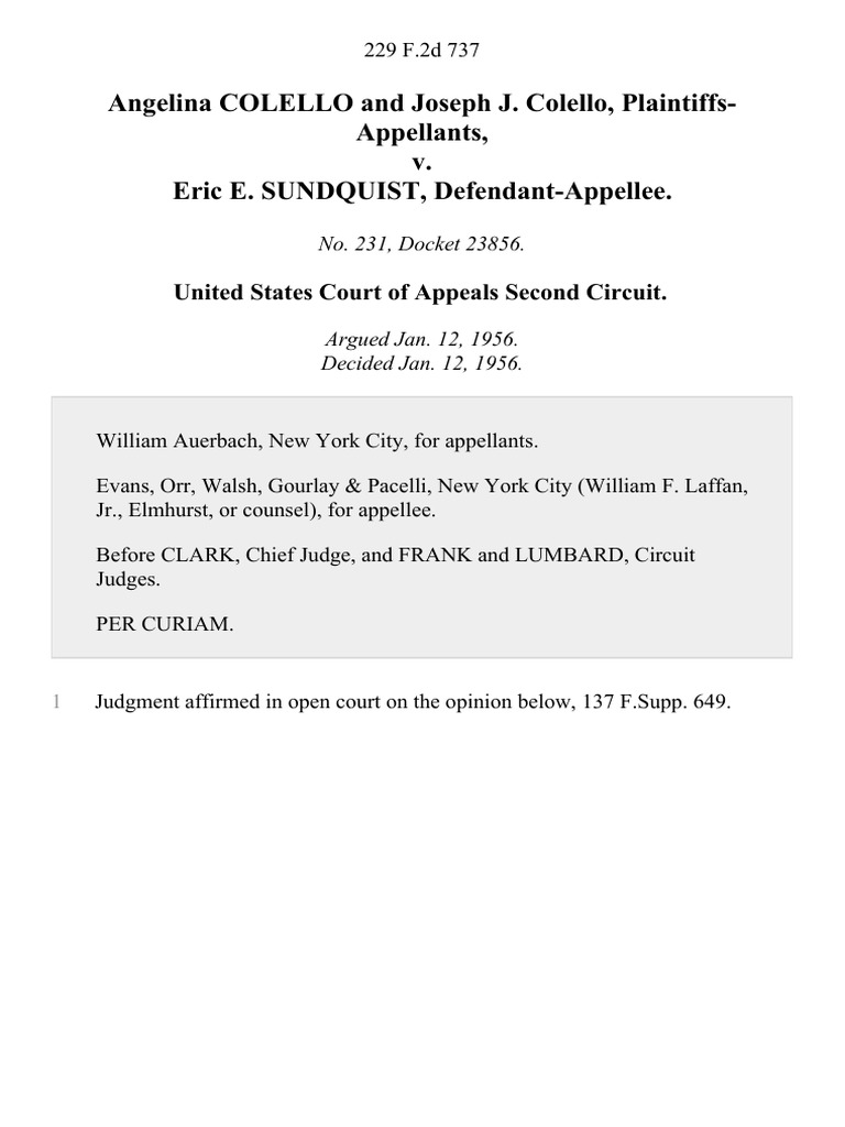 Angelina Colello and Joseph J. Colello v. Eric E. Sundquist, 229 F.2d ...