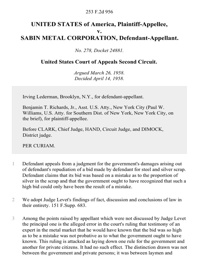 United States v. Sabin Metal Corporation, 253 F.2d 956, 2d Cir. (1958 ...