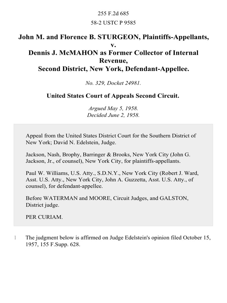 John M. and Florence B. Sturgeon v. Dennis J. McMahon As Former Collector of Internal Revenue ...
