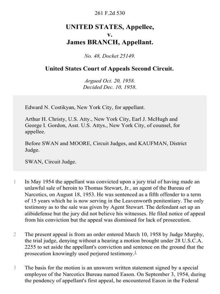 United States v. James Branch, 261 F.2d 530, 2d Cir. (1958) | PDF ...