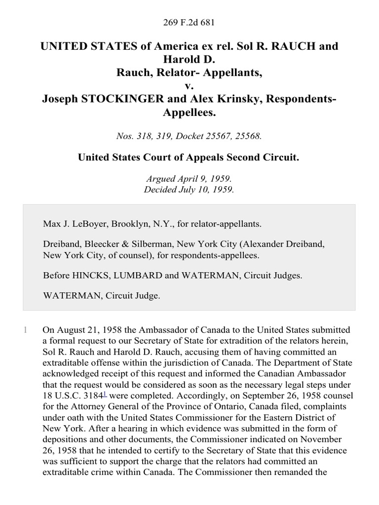 United States of America Ex Rel. Sol R. Rauch and Harold D. Rauch ...