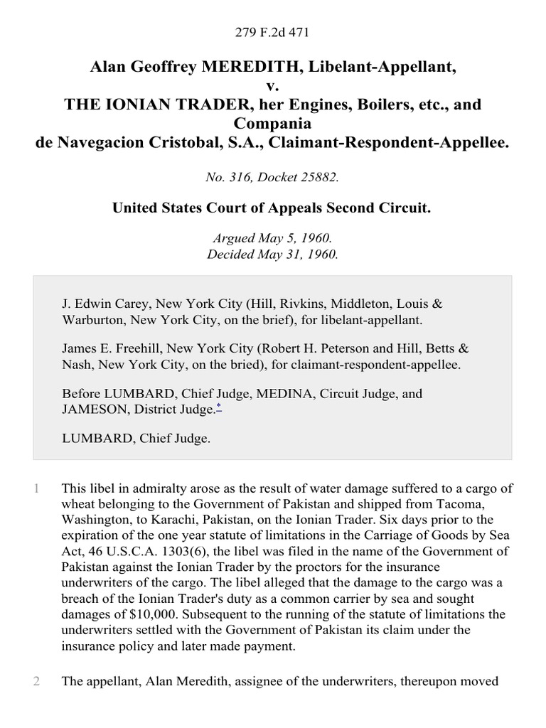 Alan Geoffrey Meredith, Libelant-Appellant v. The Ionian Trader, Her ...