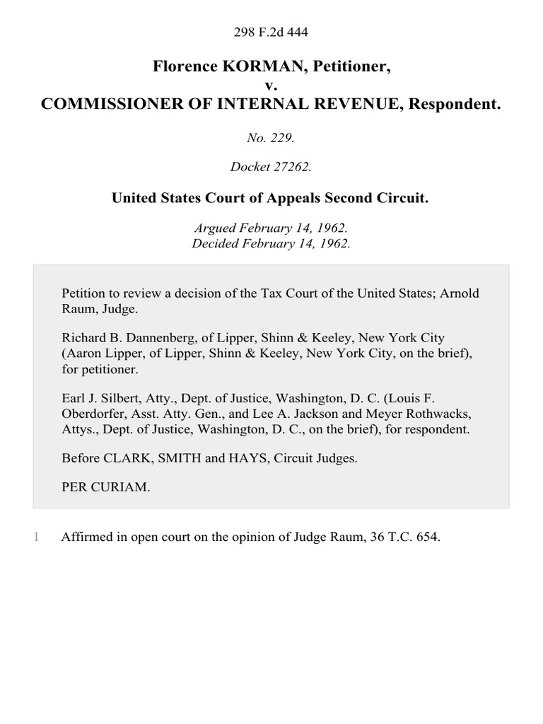 Florence Korman v. Commissioner of Internal Revenue, 298 F.2d 444, 2d Cir. (1962) | PDF | Law