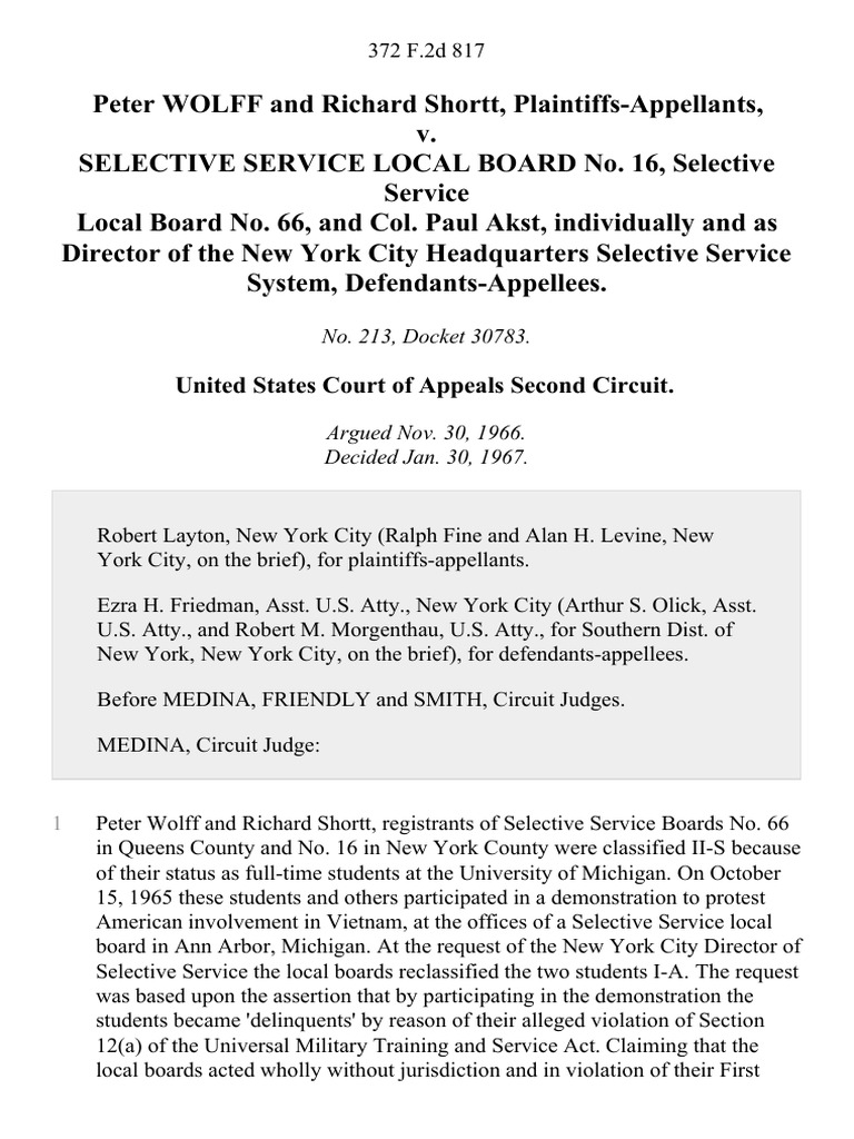 Peter Wolff and Richard Shortt v. Selective Service Local Board No. 16 ...
