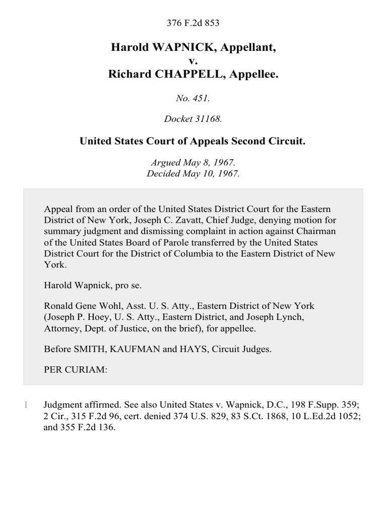Harold Wapnick v. Richard Chappell, 376 F.2d 853, 2d Cir. (1967) | PDF ...