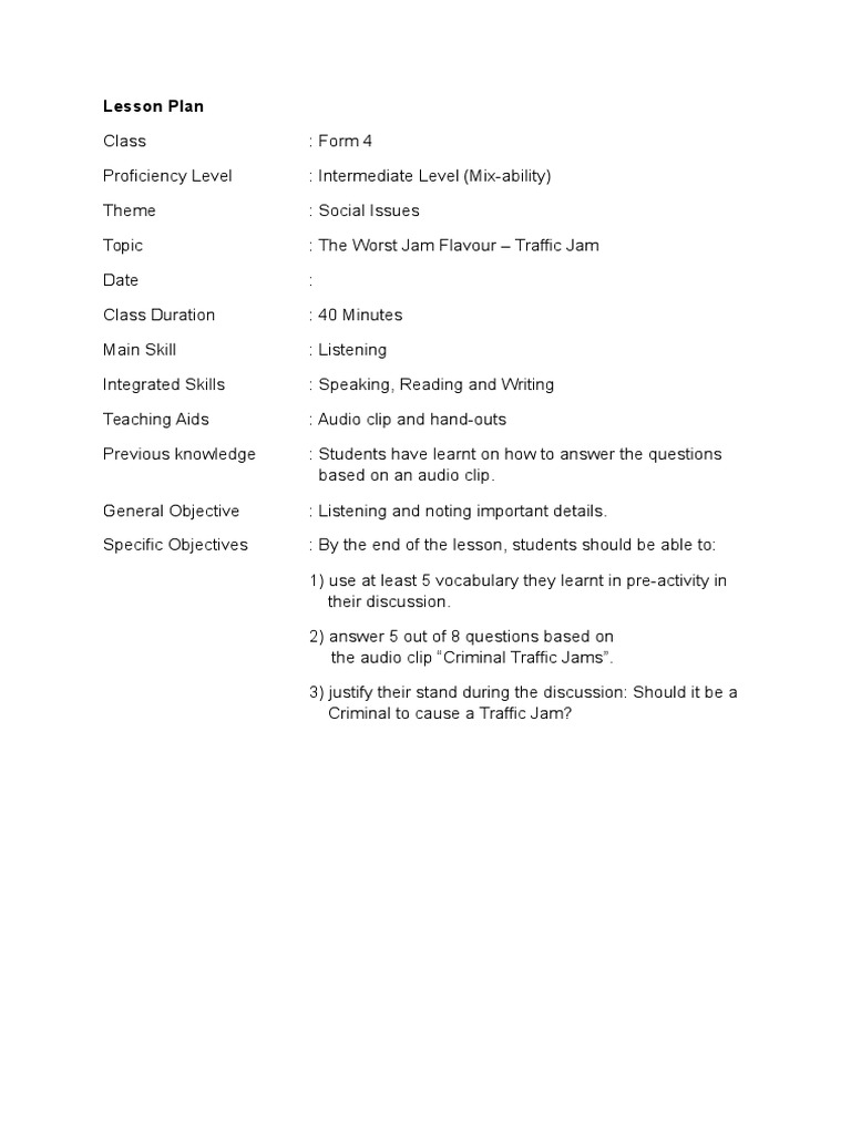 Traffic Jam Lesson Plan for Form 4 | PDF | Lesson Plan | Reading ...