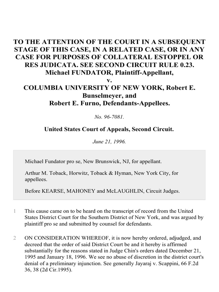 Michael Fundator v. Columbia University of New York, Robert E ...