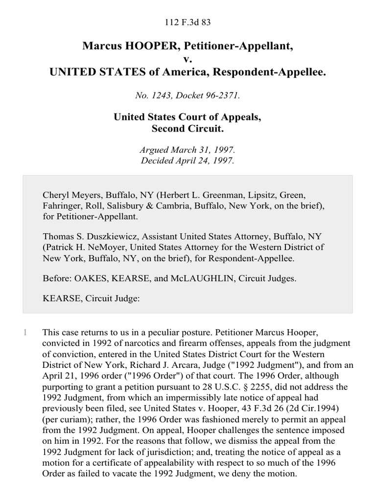 Marcus Hooper v. United States, 112 F.3d 83, 2d Cir. (1997) | PDF ...