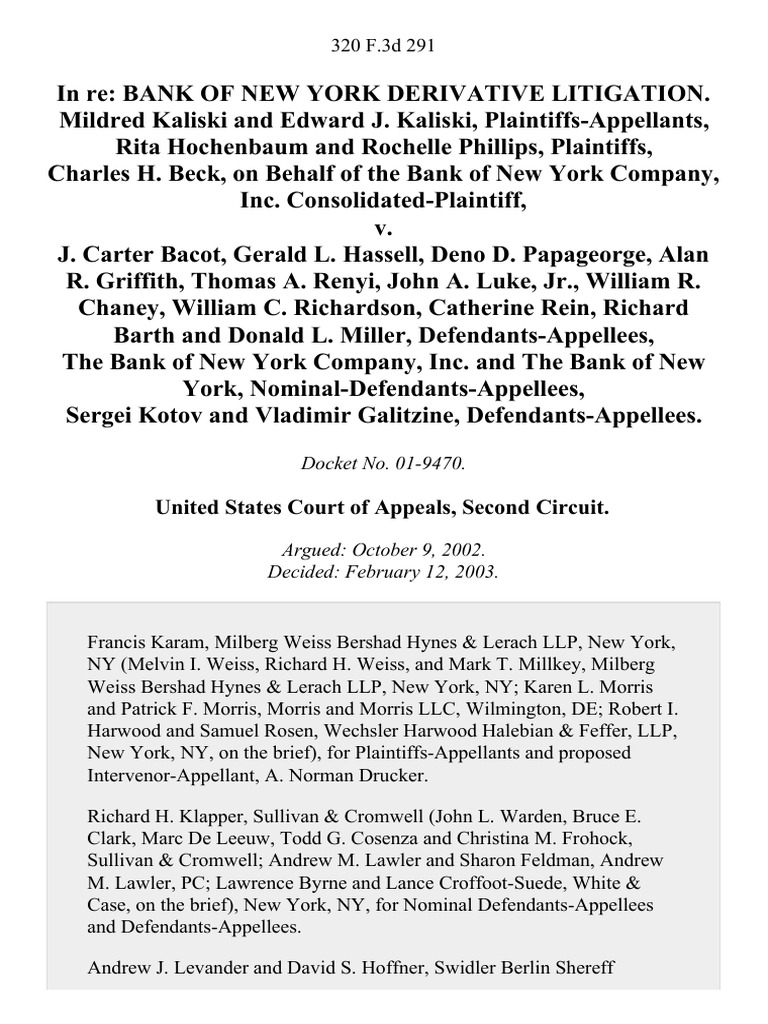 In Re: Bank of New York Derivative Litigation. Mildred Kaliski and ...