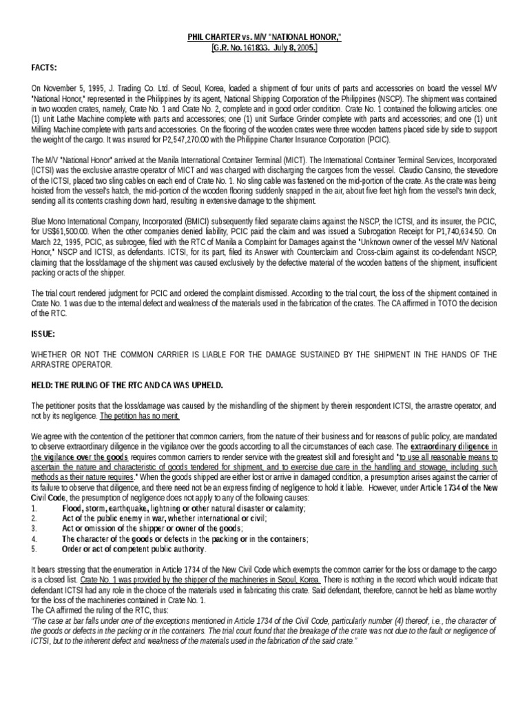 Charter Insurance Vs MV National Honor | PDF | Negligence | Cargo