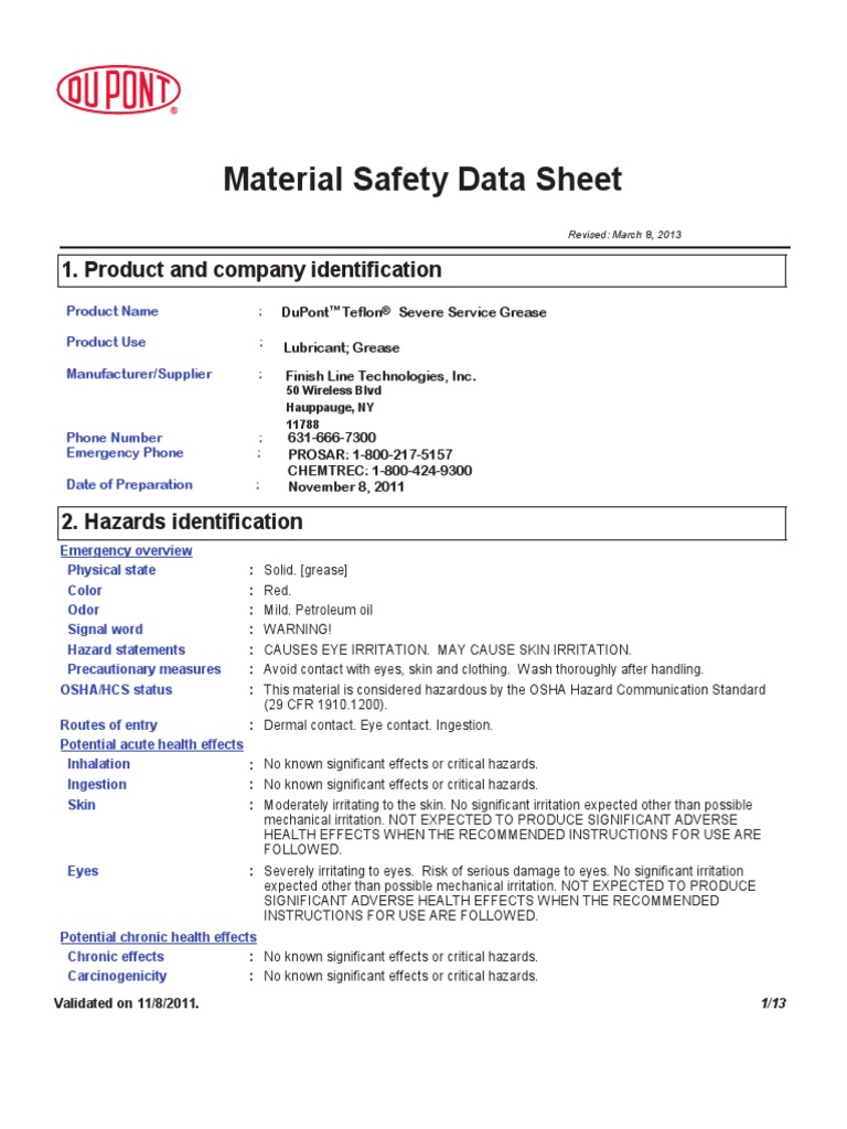 Material Safety Data Sheet: 1. Product and Company Identification | PDF ...
