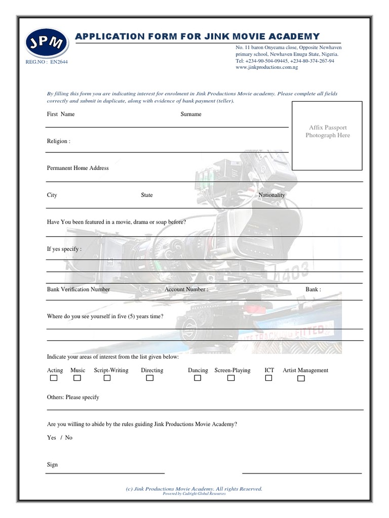 Application Form For Jink Movie Academy | PDF
