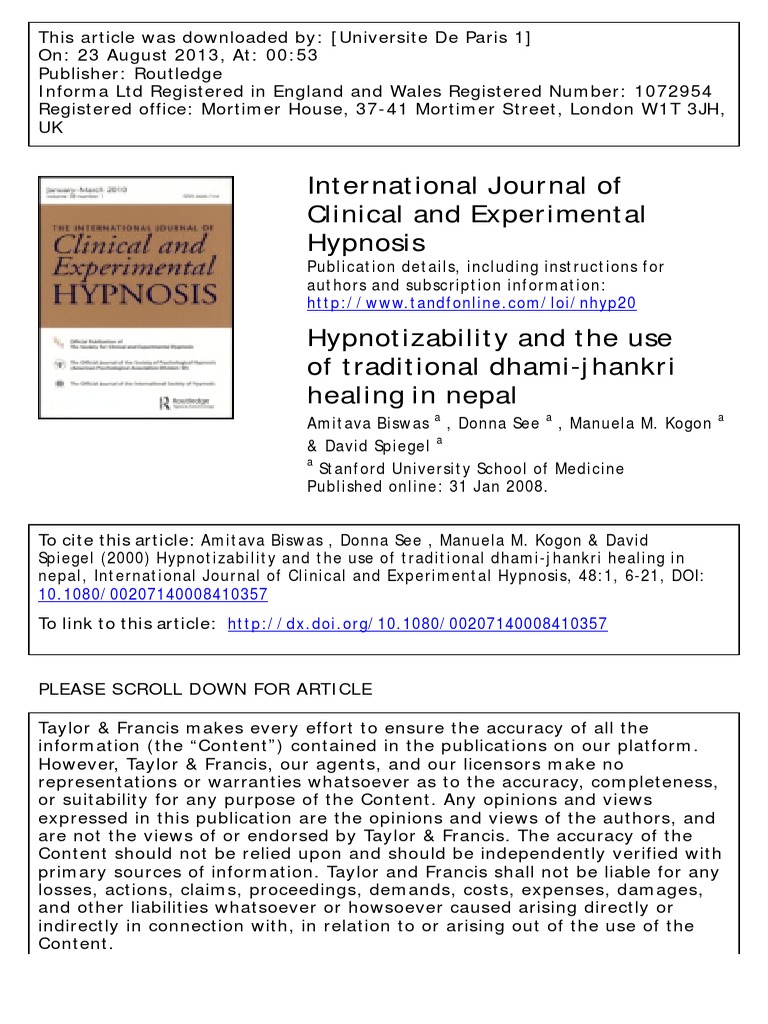 Hypnotizability and The Use of Traditional Dhami-Jhankri Healing in Nepal | PDF | Hypnosis ...