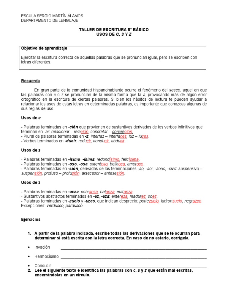 Taller de Escritura: Uso de C, S y Z | PDF | Palabra | Idiomas