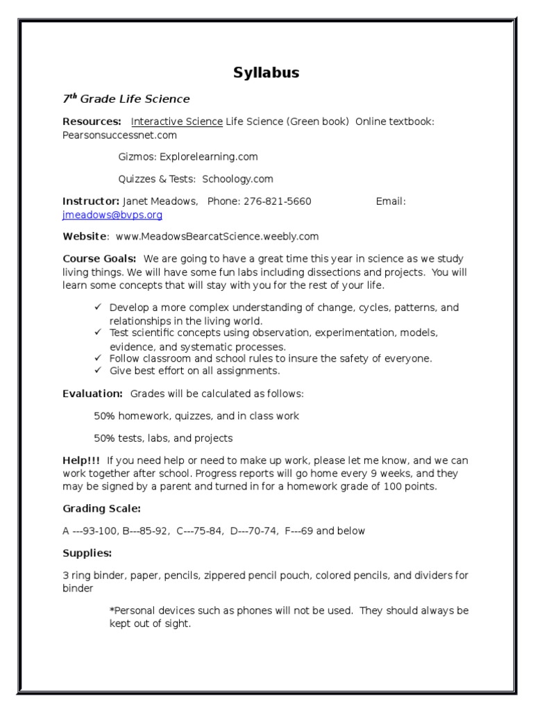 7th Grade Life Science Syllabus | PDF