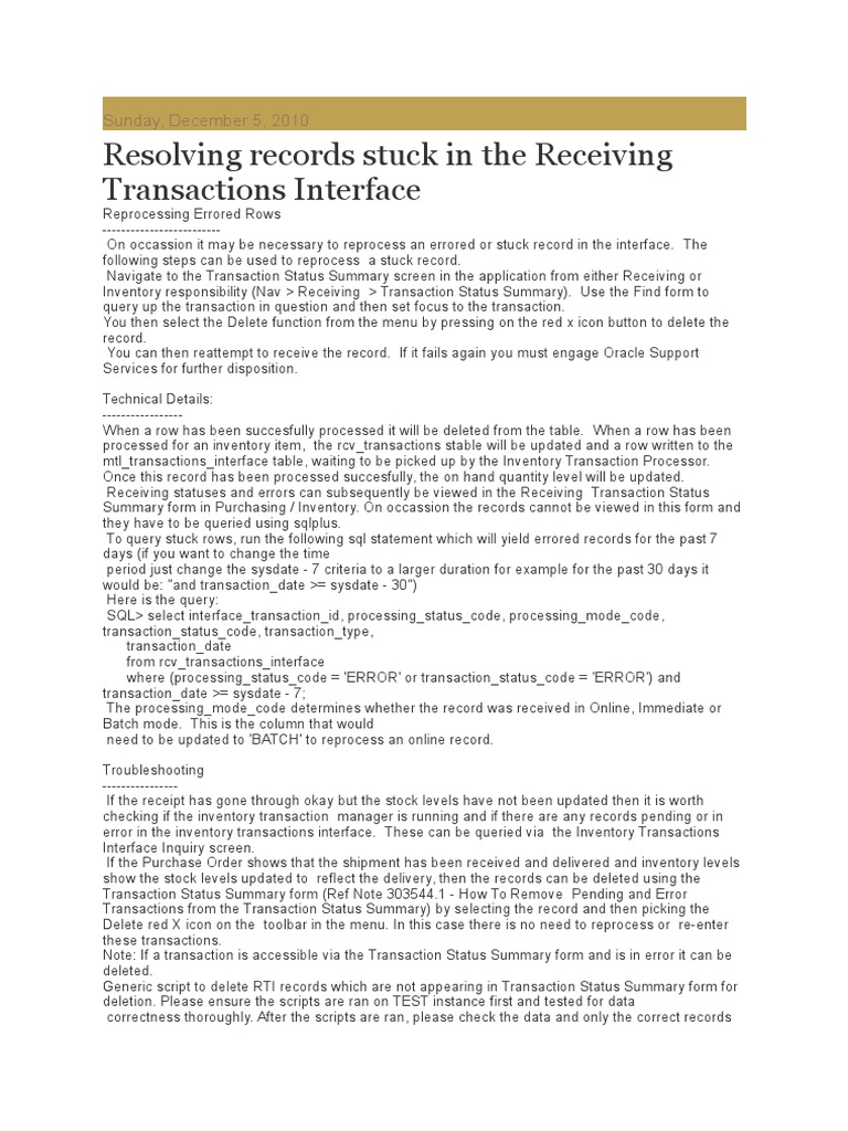 Resolving Records Stuck in The Receiving Transactions Interface | PDF ...